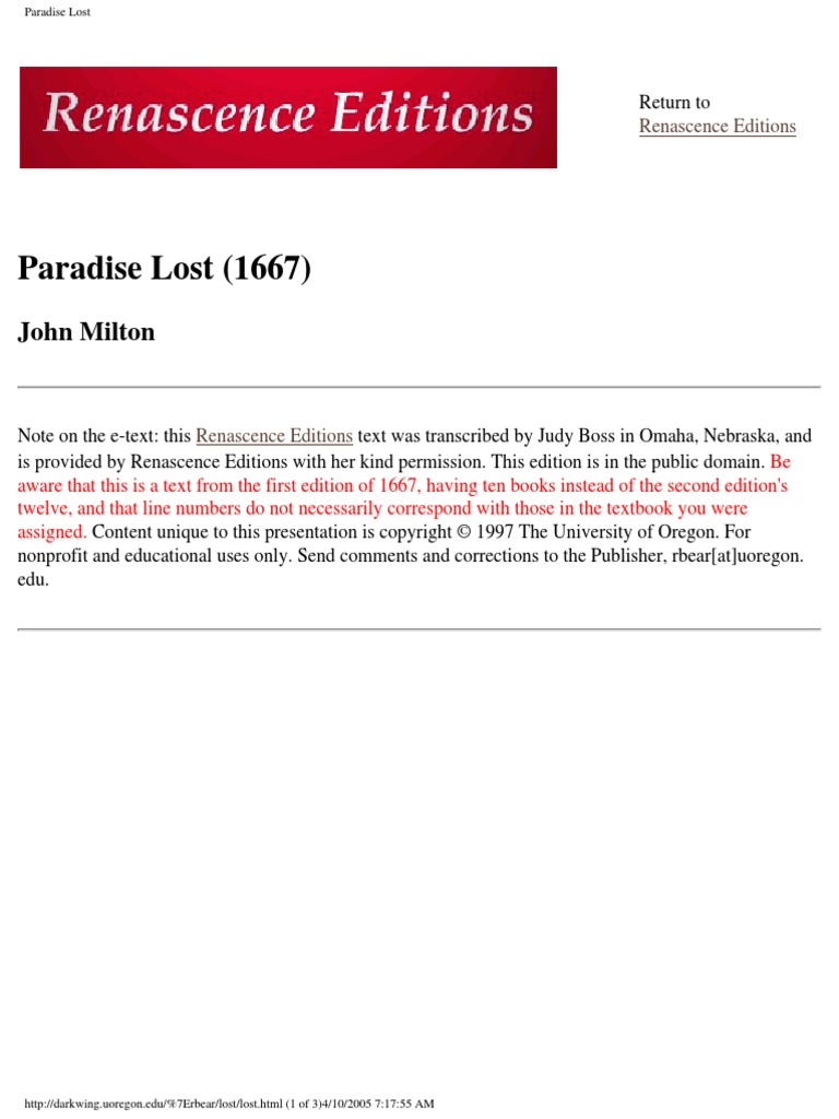 Paradise Lost (1667) : John Milton | PDF | Religion And Belief