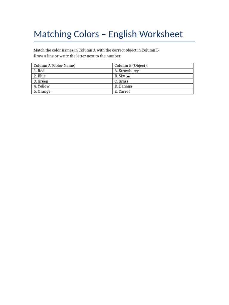 Kindergarten Color Matching Worksheet | PDF