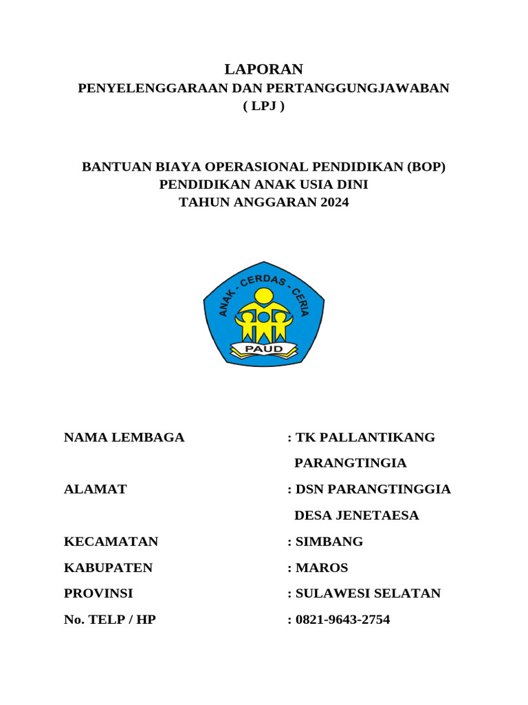 Cover Laporan Bop Paud | PDF
