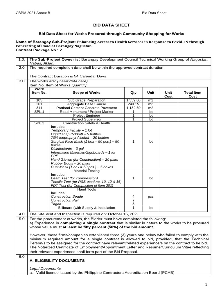Nagustan CBPM 2021 Annex B - Bid Data Sheet | PDF