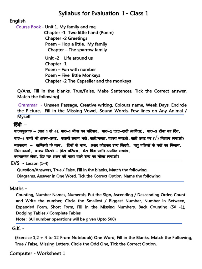 Class 1 English Syllabus Overview | PDF