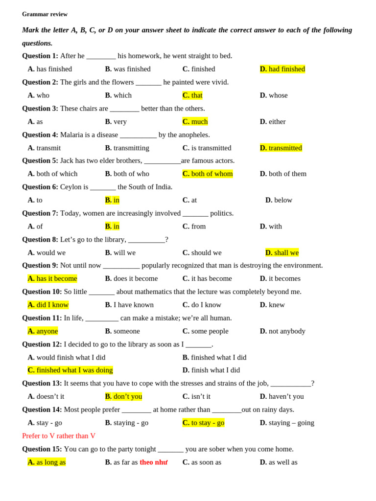 Grammar Review Quiz Questions | PDF