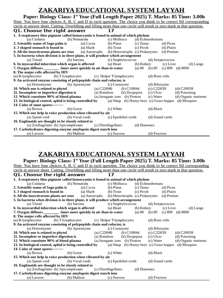 1st Year Biology Exam Paper 2025 | PDF | Enzyme | Digestion