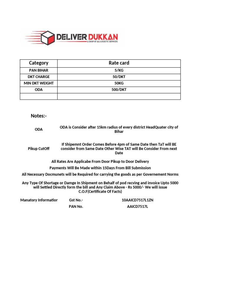 Best Rate Card For Proconnect | PDF