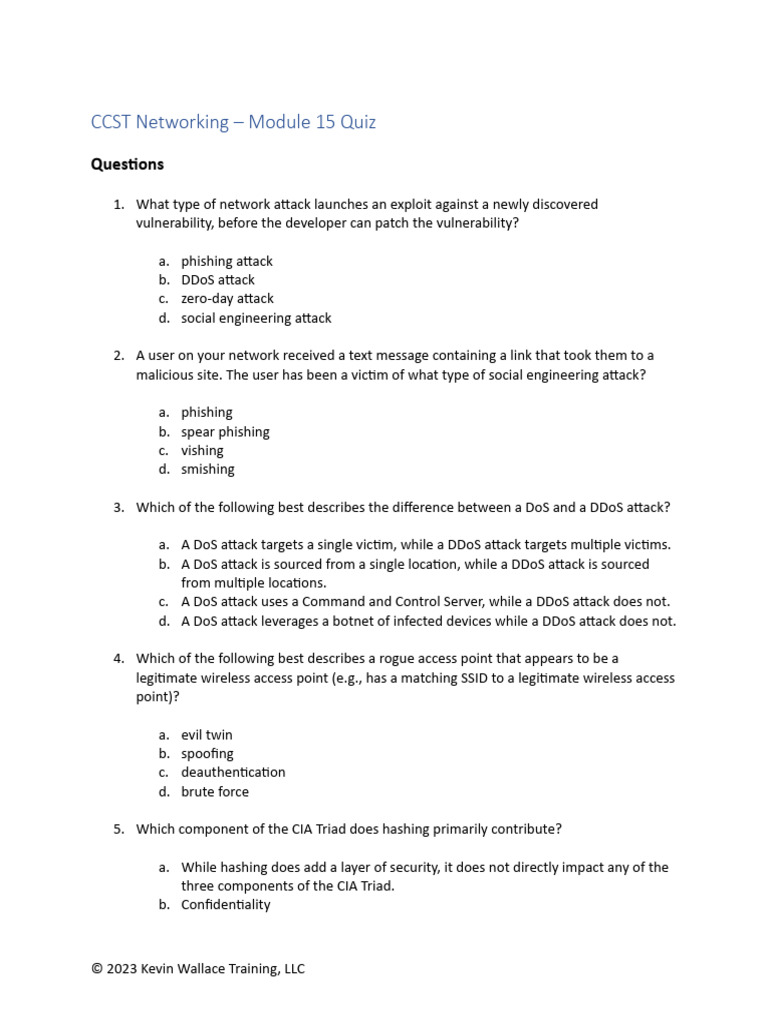 CCST Networking - Module 15 Quiz | PDF | Radius | Denial Of Service Attack