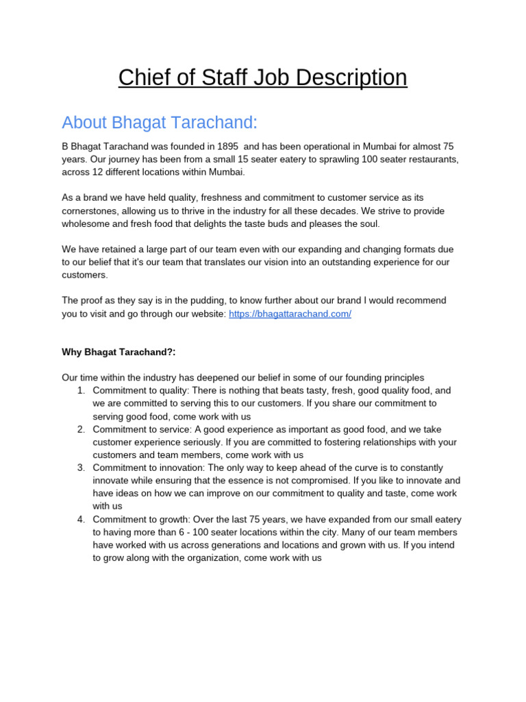 Chief of Staff Role at Bhagat Tarachand | PDF | Business | Economies