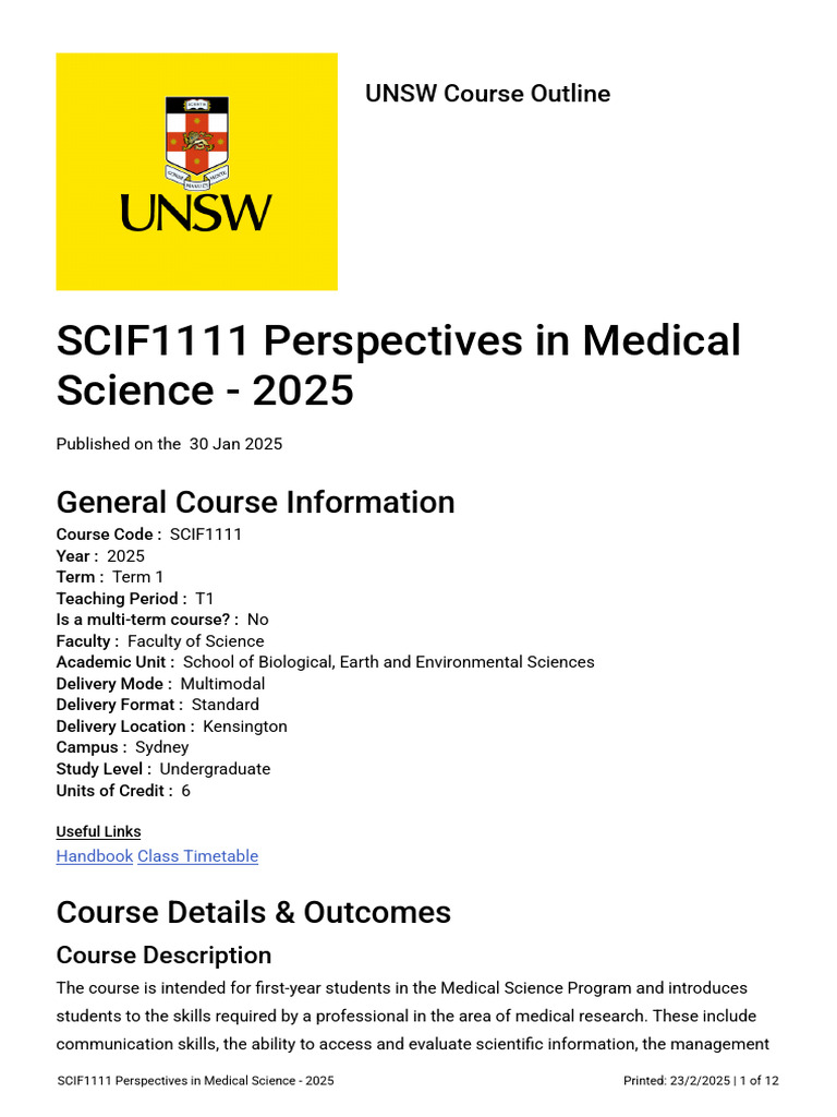 SCIF1111 Medical Science Course Outline | PDF | Science | Turnitin