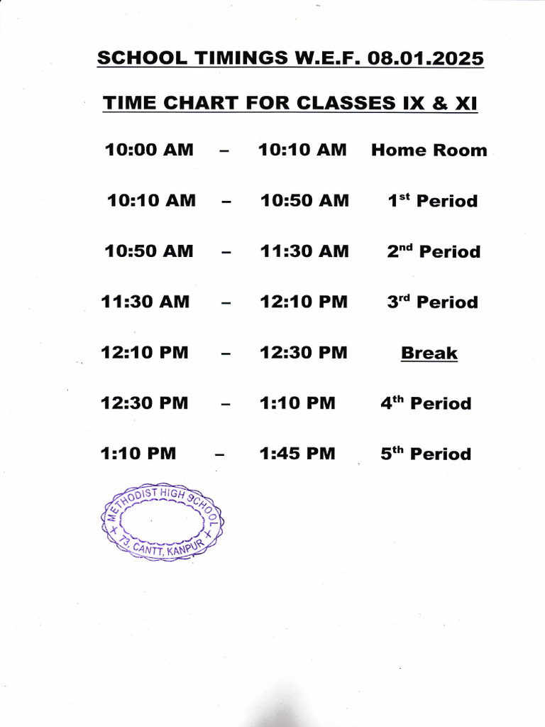 School Time Chart For CL - IX & XI From 01.2025 | PDF