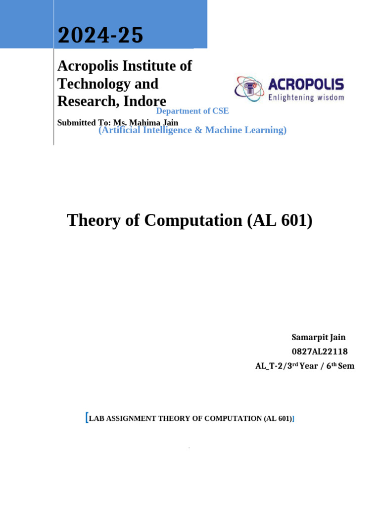 Samarpit Jain Final File | PDF | Theory Of Computation | Automata Theory