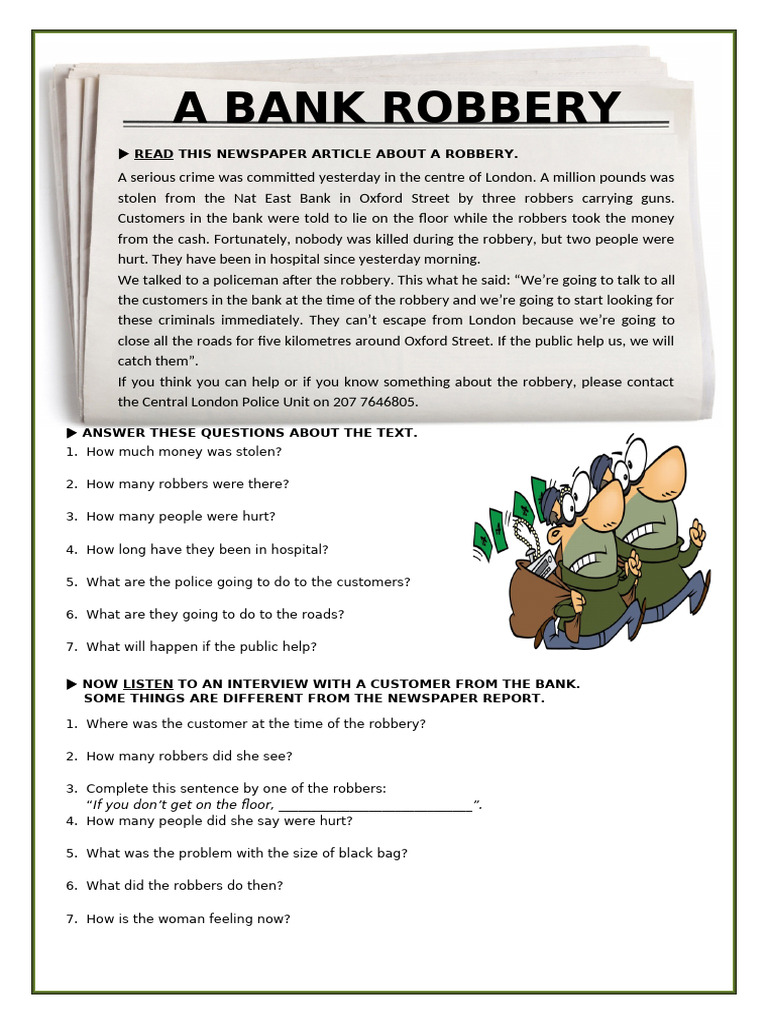 A Bank Robbery Reading Comprehension Exercises | PDF | Robbery | Bank ...