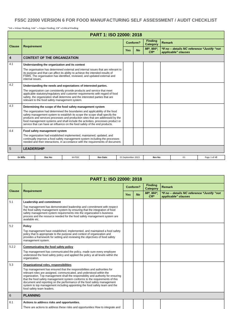 FSSC 22000 V6 Food Safety Checklist | PDF | Food Safety | Emergency
