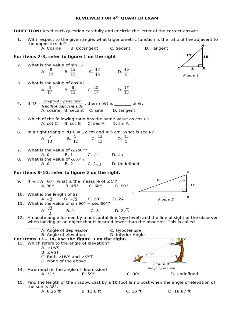 Math9 Q4 Reviewer | PDF | Trigonometric Functions | Triangle Geometry