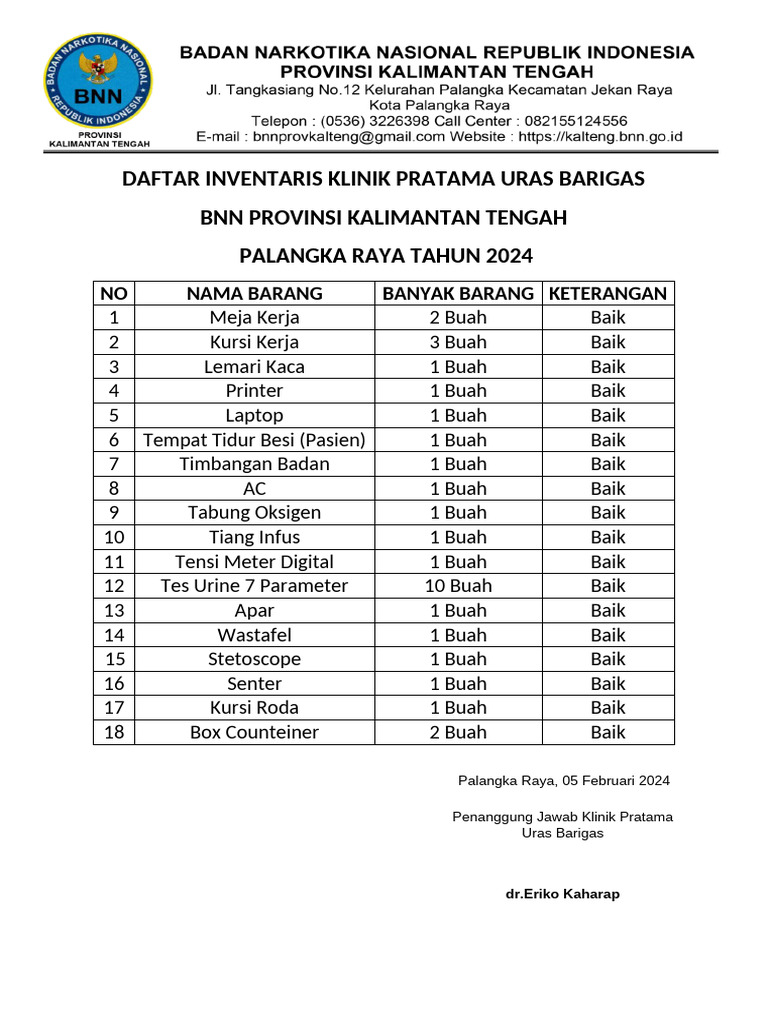 Daftar Inventaris Klinik Pratama Uras Barigas Tahun 2024 | PDF