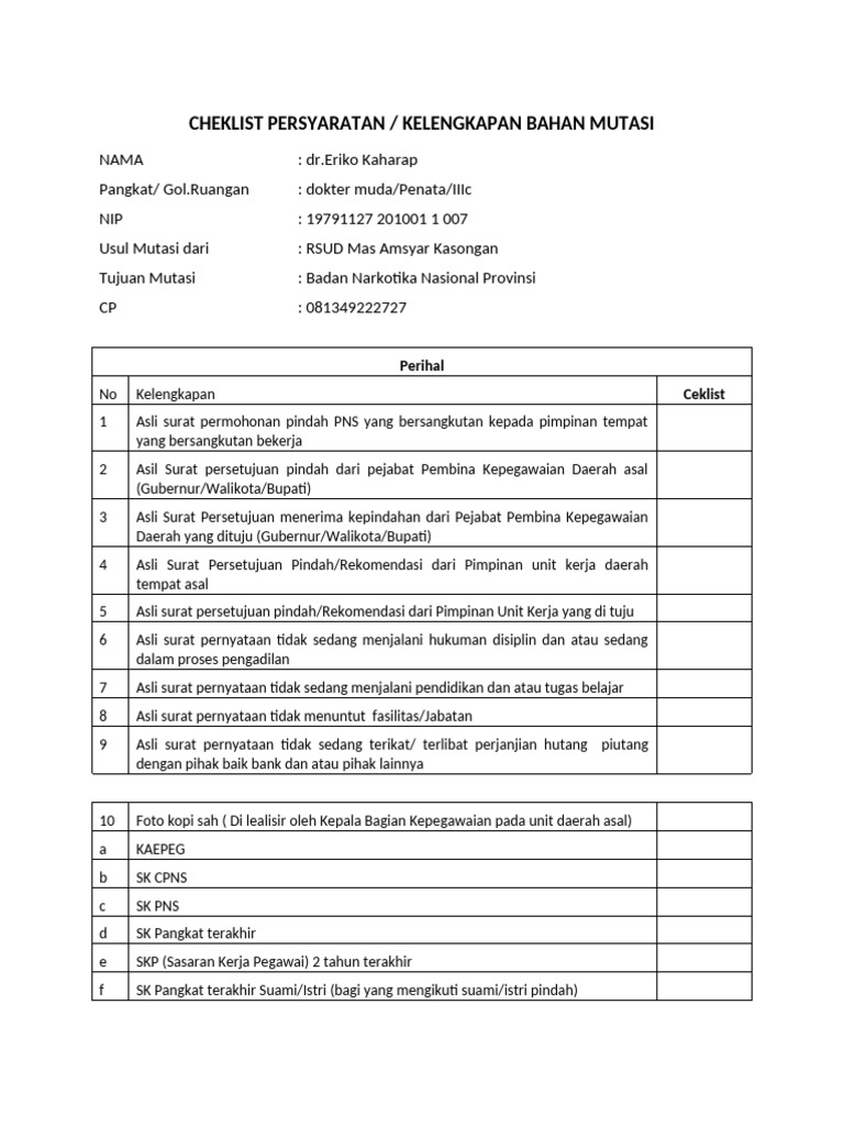 Cheklist Persyaratan Mutasi Ku | PDF