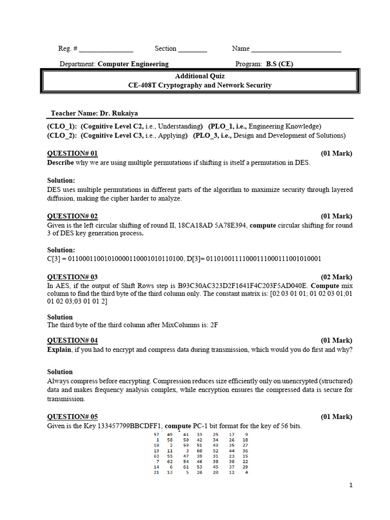 Additional Quiz (Solution - 1) | PDF | Key (Cryptography) | Encryption