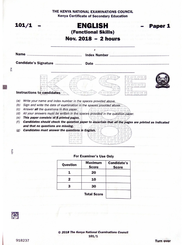 KCSE 2018 KNEC Eng pp1 | PDF