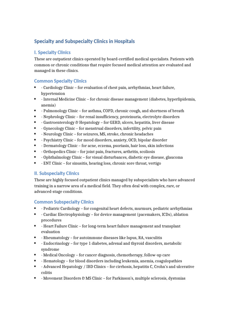 Specialty and Subspecialty Clinics Overview | PDF | Cardiology | Clinic