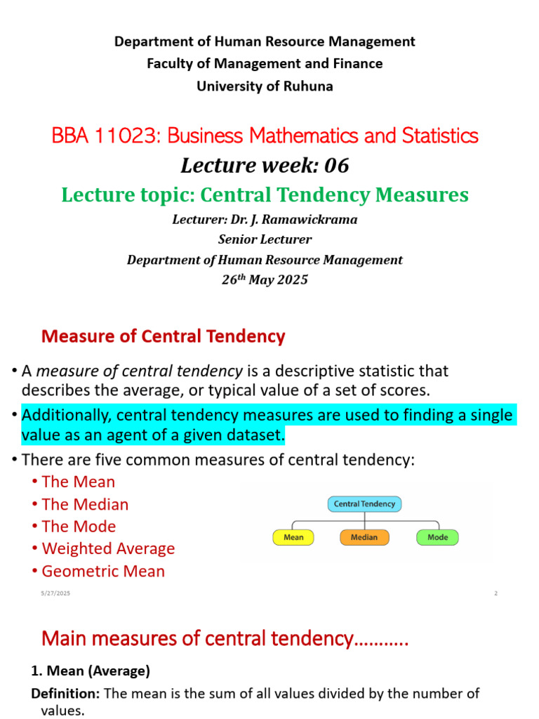 Week 06- Central Tendancy Measures (1) | PDF | Arithmetic Mean | Mode ...