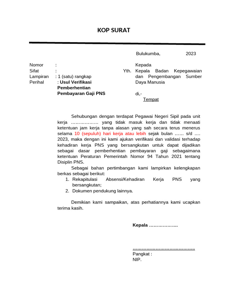Format Surat Usul Pemberhentian Pembayaran Gaji | PDF