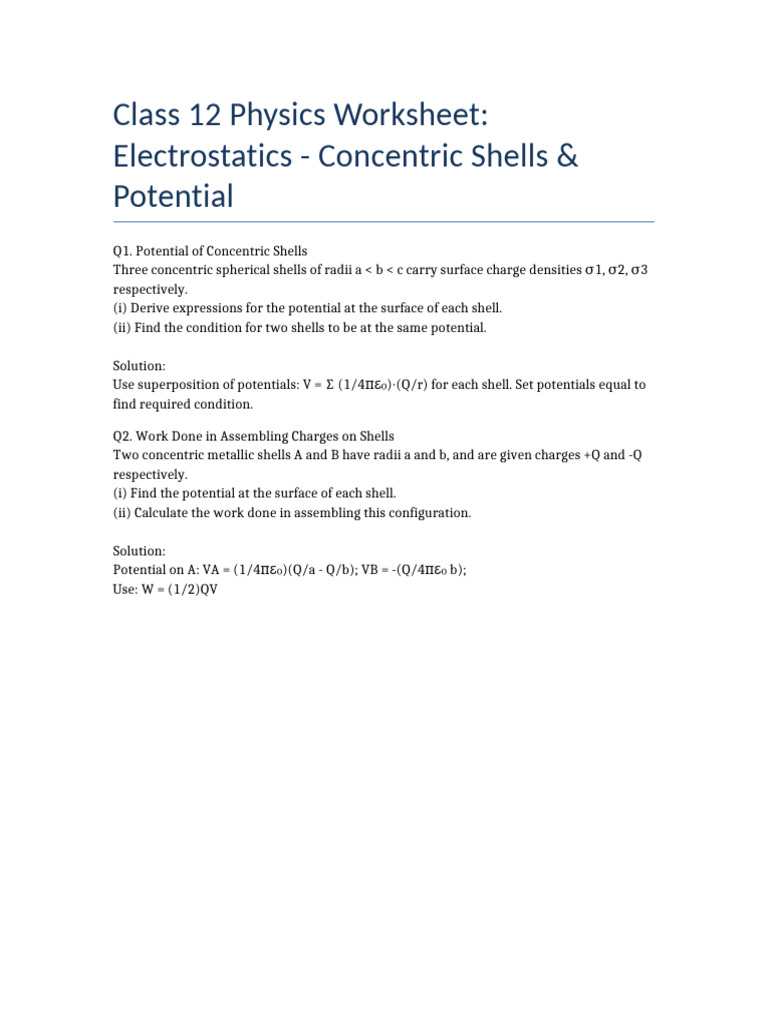 Class 12 Electrostatics Worksheet | PDF