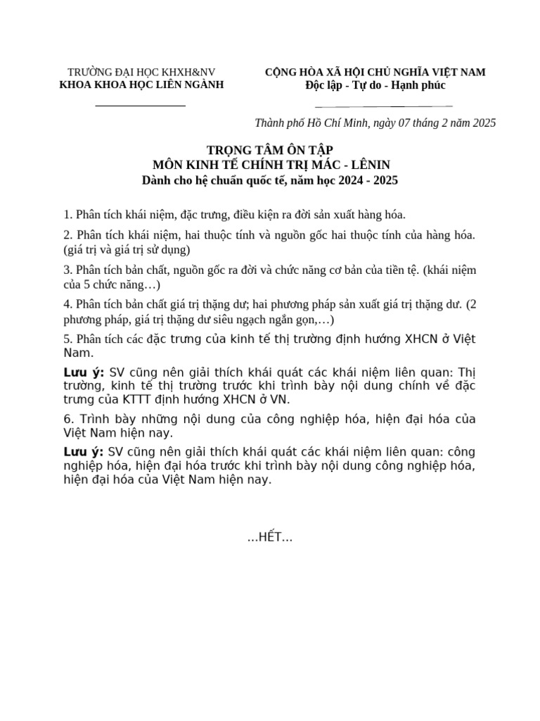 Nội dung ôn tập môn KTCTML - cuối kỳ | PDF