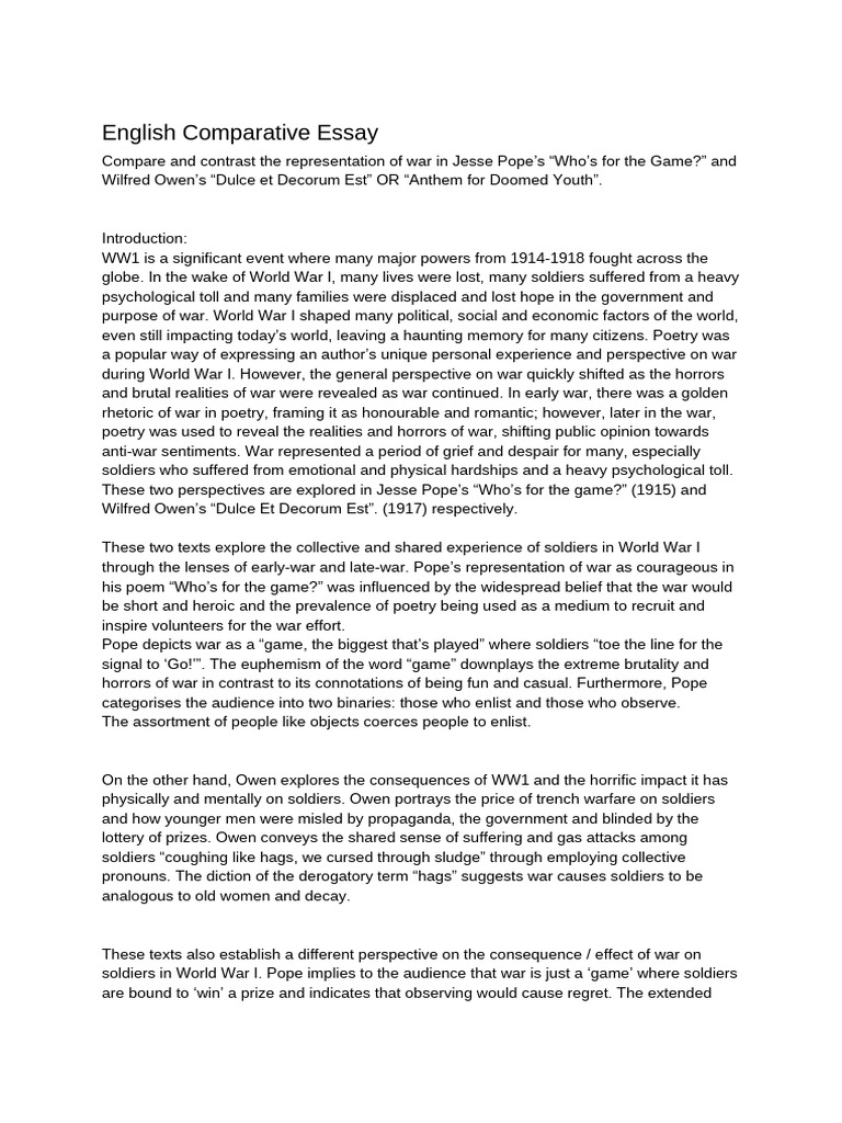 English Comparative Essay WW1 Poetry | PDF | Poetry