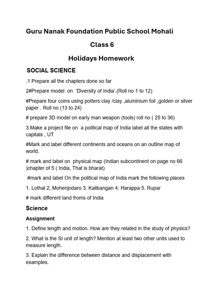 Class 6 Holidays Homework Session 2025-26 | PDF | Length