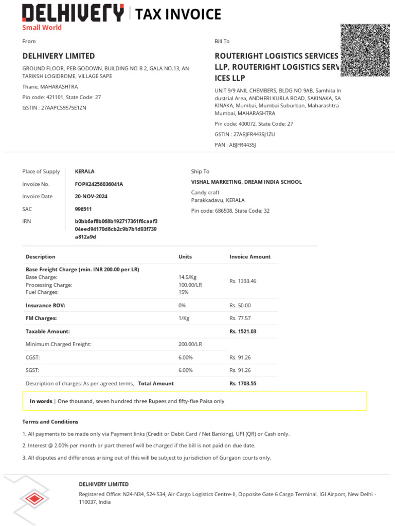 Delhivery Freight Invoice - Nov 2024 | PDF | Invoice | Payments