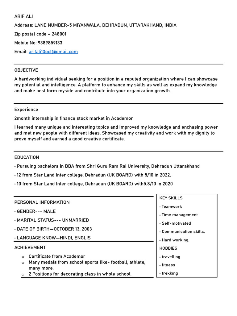 Arifali CV - Arif Ali | PDF