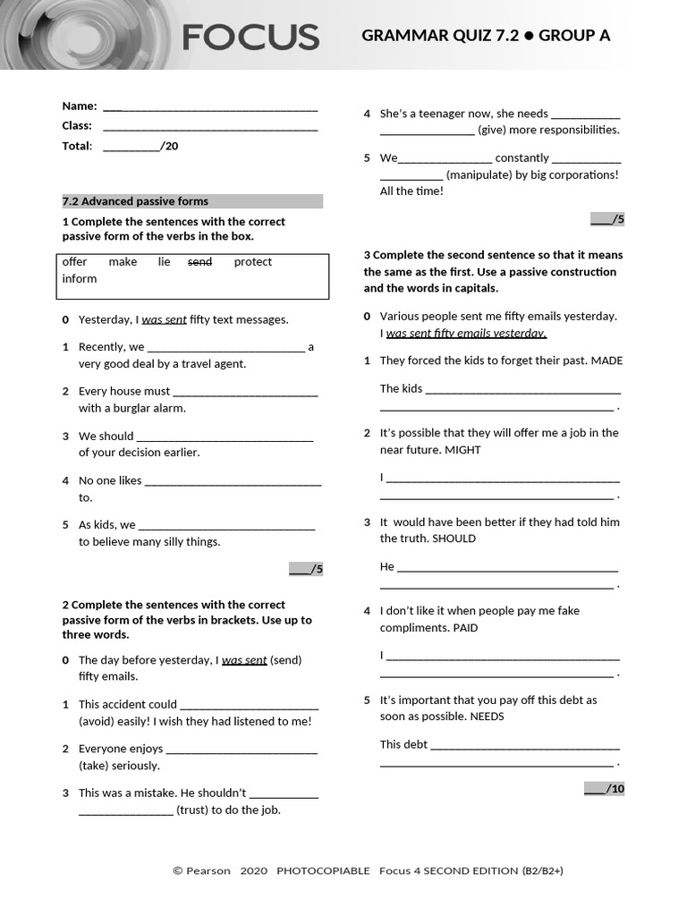 Focus4 2E Grammar Quiz Unit7 2 GroupA | PDF | Linguistics | Languages