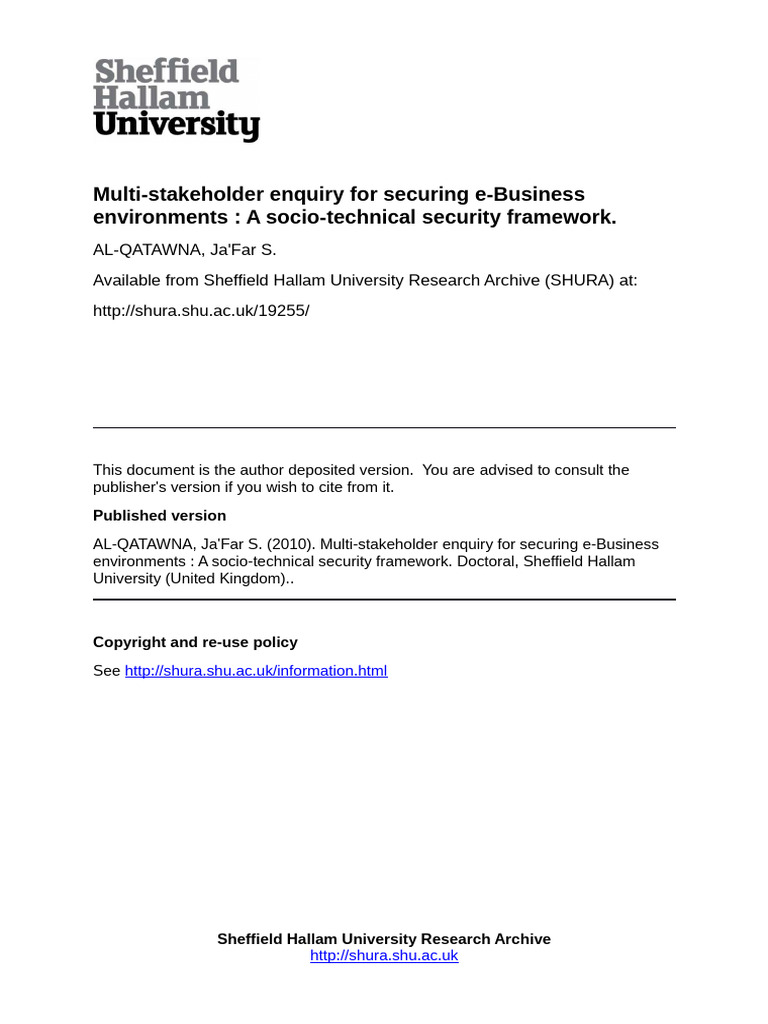 Multi-Stakeholder Enquiry For Securing E-Business Environments: A Socio-Technical Security ...