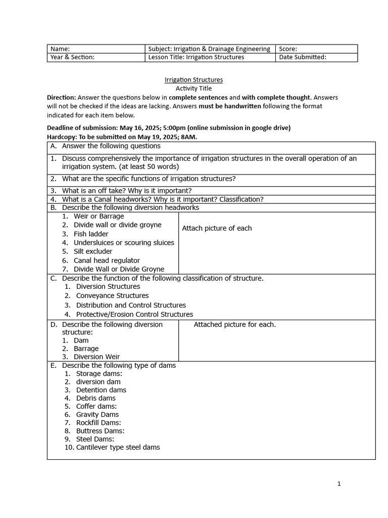 Actvity 1 in Irrigation Structures May 2025 | PDF | Dam | Spillway