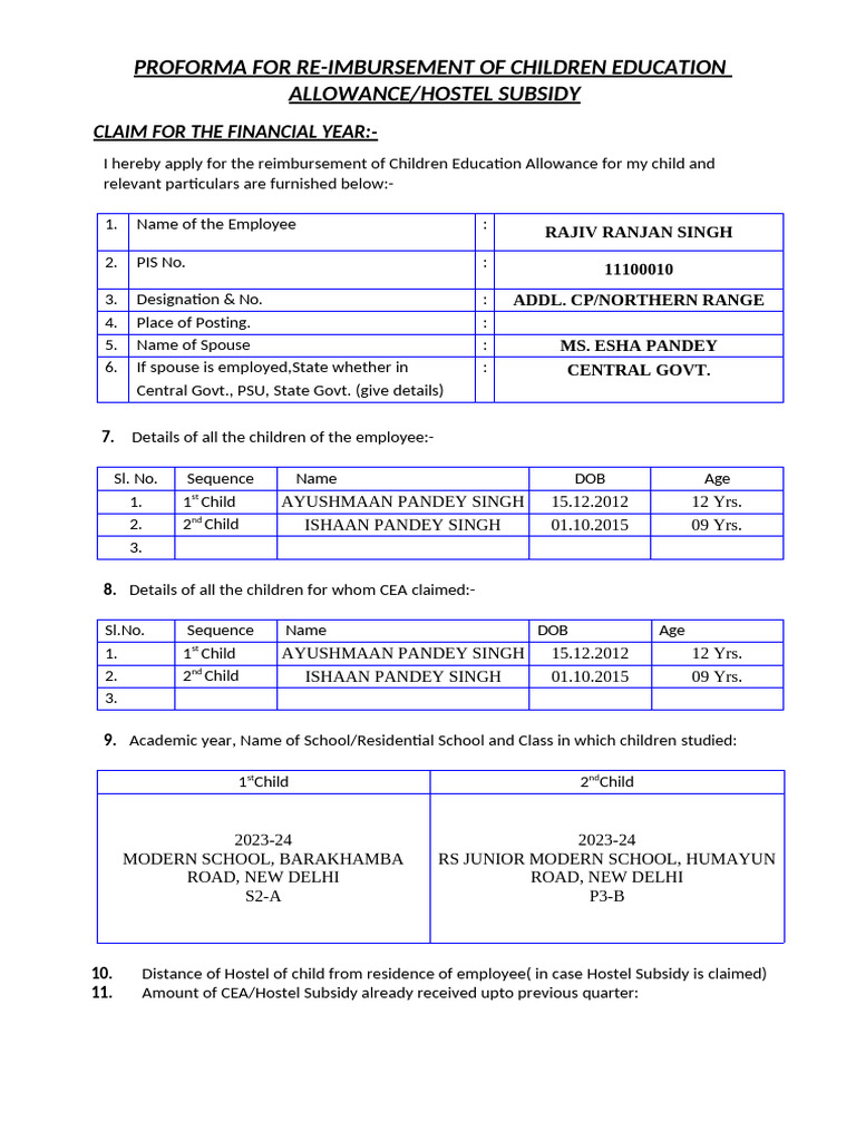 Proforma For Re-Imbursement of Children Education Allowancehostel ...