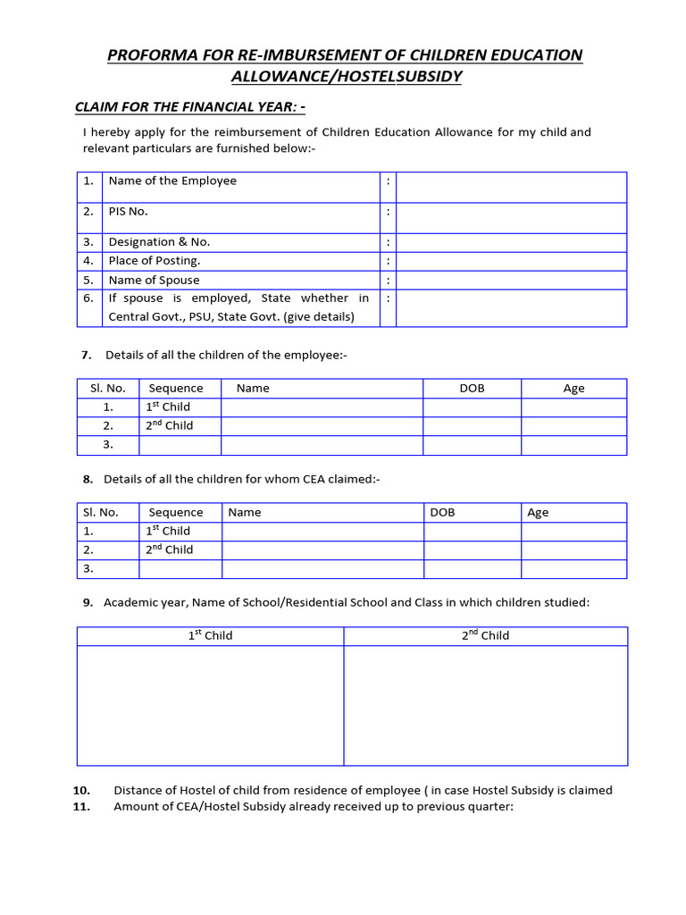 Proforma For Re-Imbursement of Children Education Allowancehostel ...
