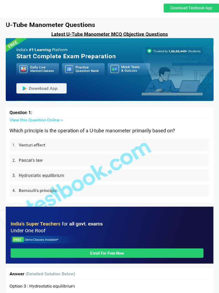 Mcq on u Tube Manometer 5eea6a0c39140f30f369e142 | PDF