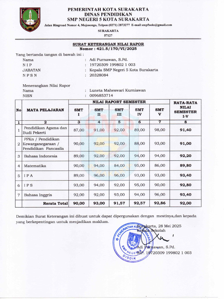 Surat Keterangan Nilai Rapot | PDF