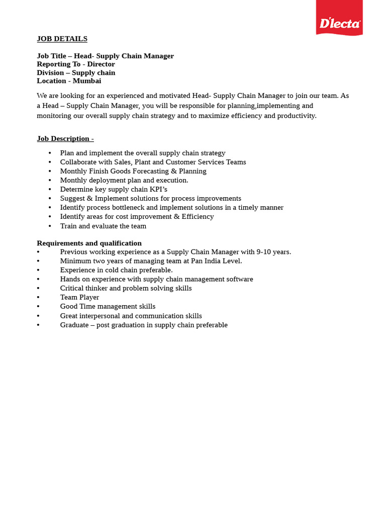 Head Supply Chain Manager Job Description | PDF