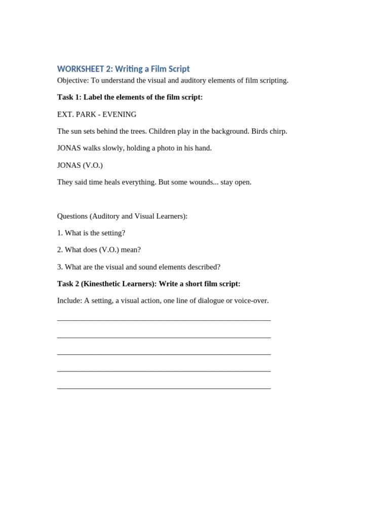 Film Script Writing Worksheet | PDF