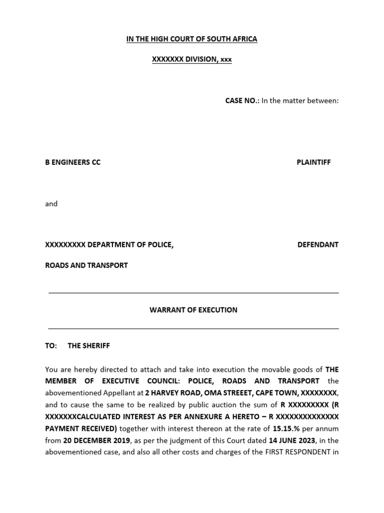 Warrant of Execution - Sep 2023 High Court | PDF