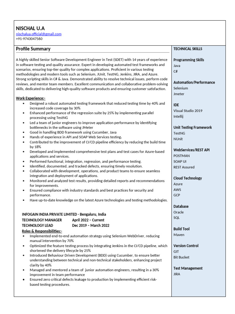 Nischal SDET Resume 2025 | PDF | Software Testing | Web Service