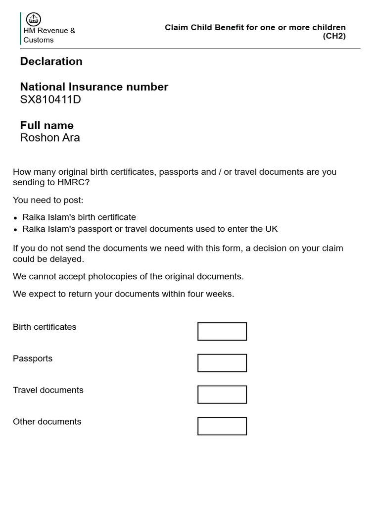 Claim Child Benefit For One or More Children (CH2) - Claim Child ...