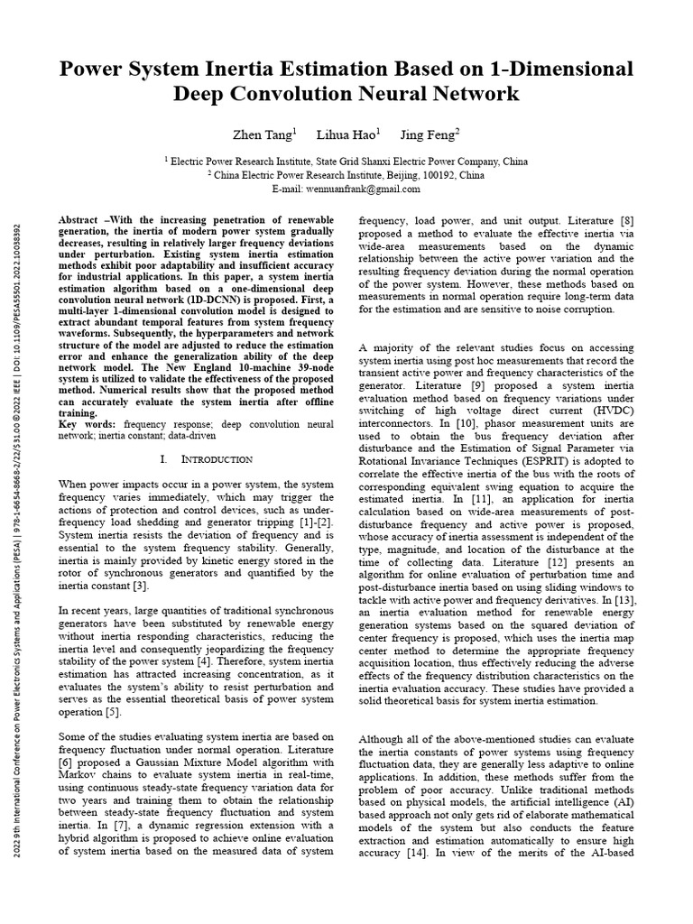 Power System Inertia Estimation Based on 1-Dimensional Deep Convolution ...