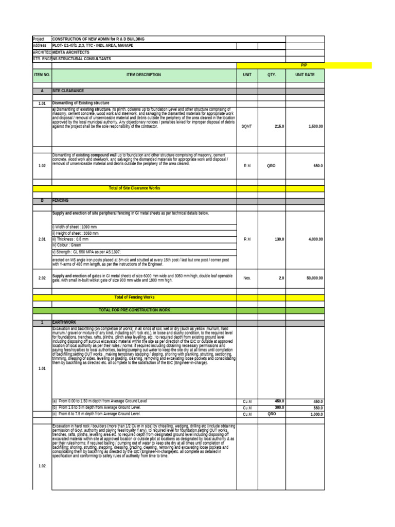 Pip-r1 Boq for Civil Structural Offer-230525 | PDF | Concrete | Masonry
