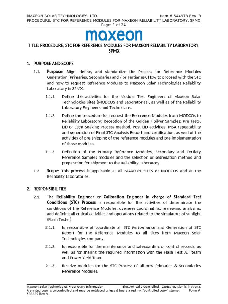 Rev. B - Procedure, STC For Reference Modules On Maxeon Reliability ...