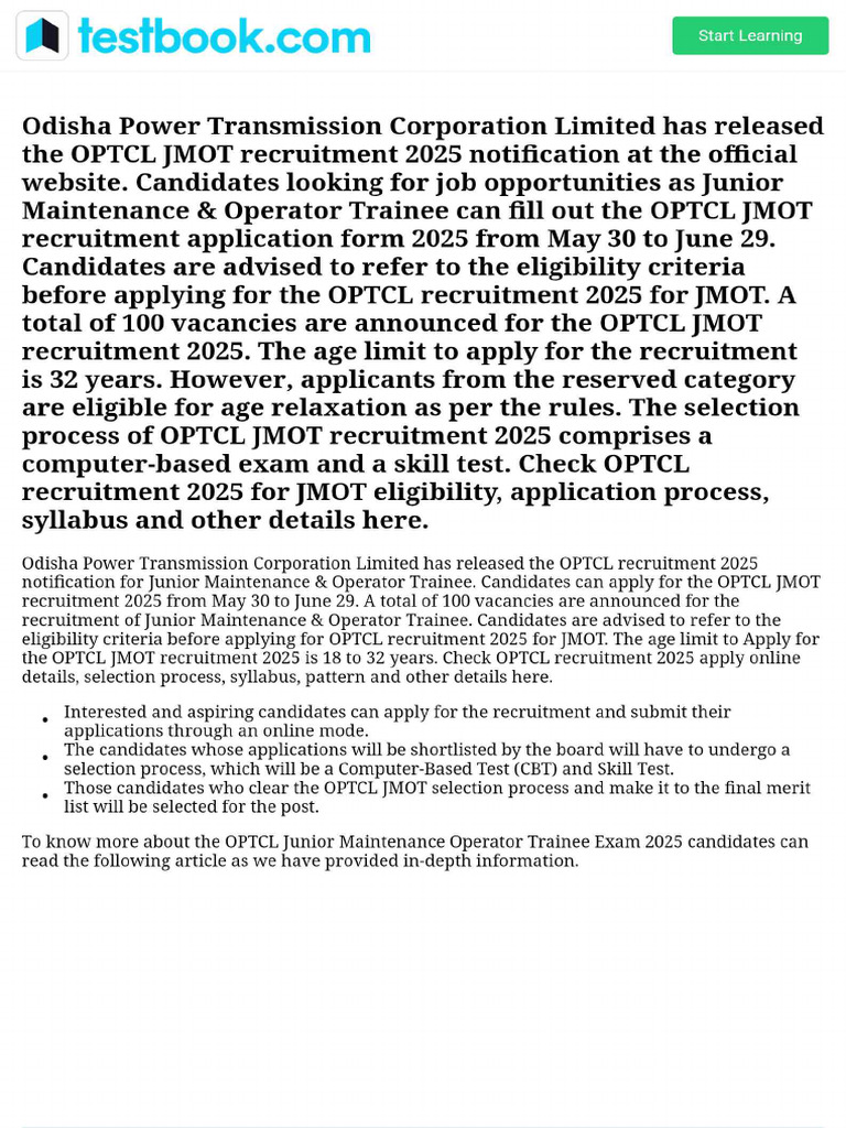 OPTCL JMOT Recruitment 2025exam Info | PDF