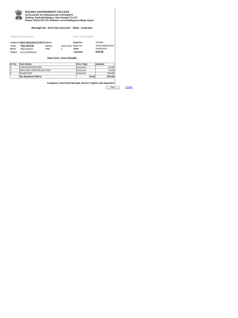 Haldia College Student Fee Receipt | PDF