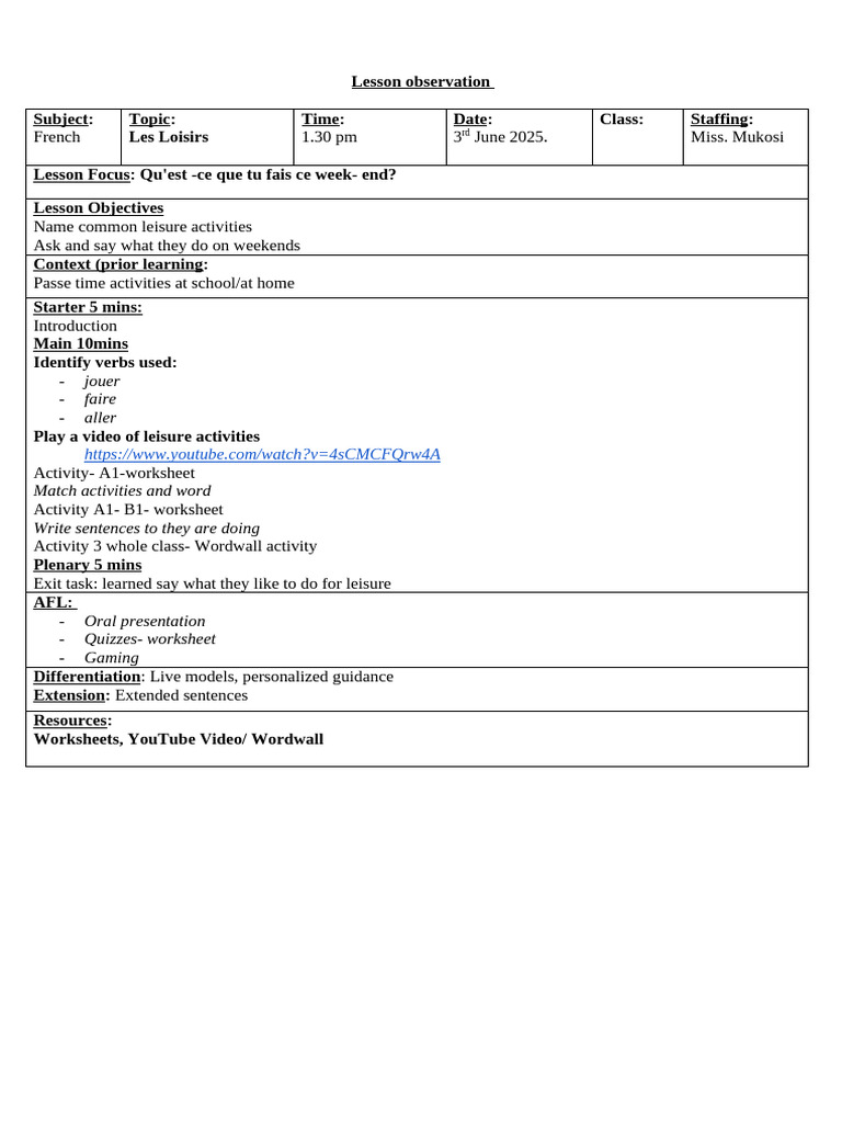 French Lesson Plan: Leisure Activities | PDF