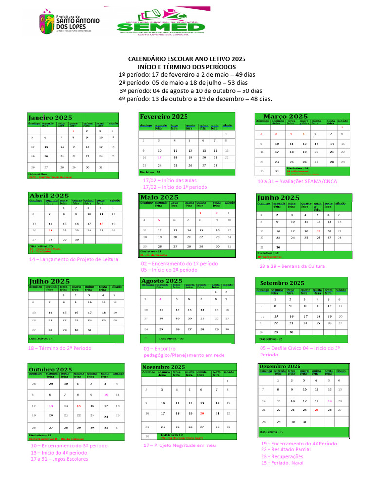 CALENDÁRIO ESCOLAR ANO LETIVO 2025 | PDF