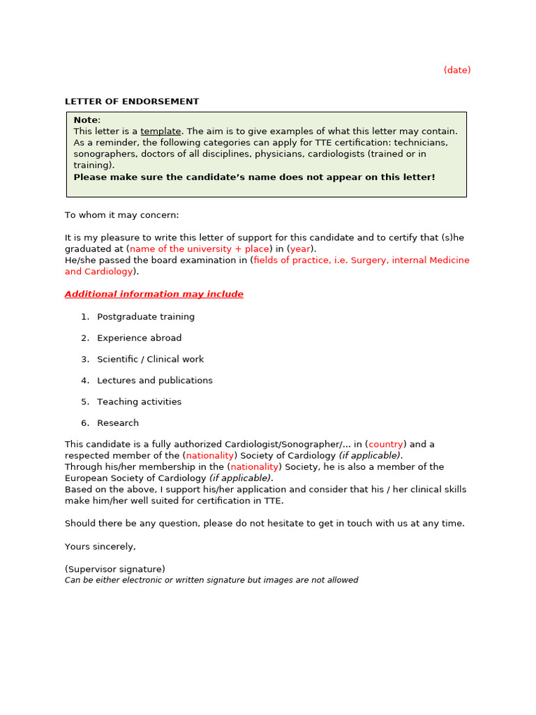 TTE Certification Endorsement Template | PDF