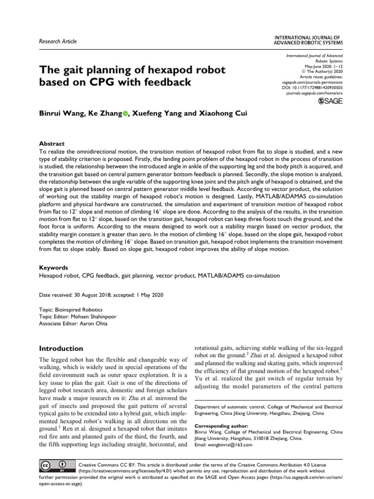 The Gait Planning of Hexapod Robot Based on CPG Wi | PDF | Walking | Feedback